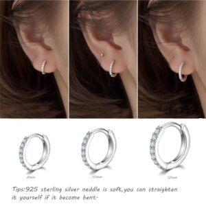 925 Sterling Silver Small Hoop Earrings Cubic Zirconia Huggie Tiny Earrings,3 Pairs 14K White Gold Plated Cartilage Piercing Earrings Ear Cuff for Women Men 8mm 10mm 12mm