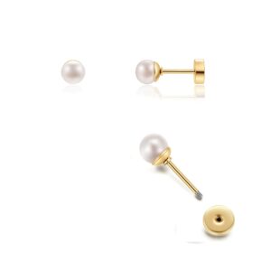 6mm pearl stud earrings flat screw back,14k gold pearl cartilage helix earrings hypoallergenic 316l surgical steel piercing jewelry gift for girls women toddlers(6mm pearl, gold)