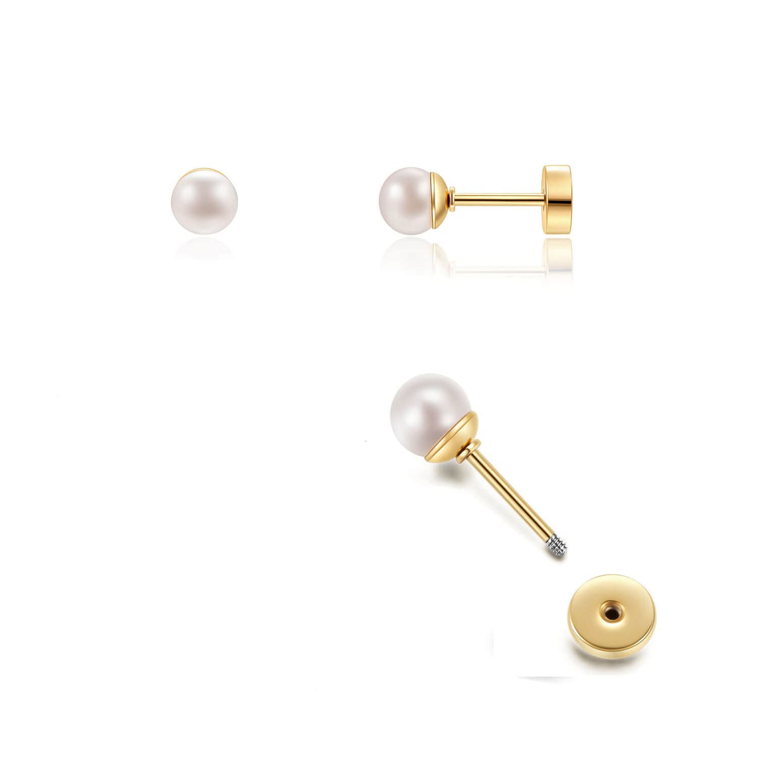 6mm Pearl Stud Earrings Flat Screw Back,14K Gold Pearl Cartilage Helix Earrings Hypoallergenic 316L Surgical Steel Piercing Jewelry Gift for Girls Women Toddlers(6mm Pearl, Gold)