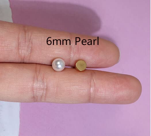 6mm Pearl Stud Earrings Flat Screw Back,14K Gold Pearl Cartilage Helix Earrings Hypoallergenic 316L Surgical Steel Piercing Jewelry Gift for Girls Women Toddlers(6mm Pearl, Gold)