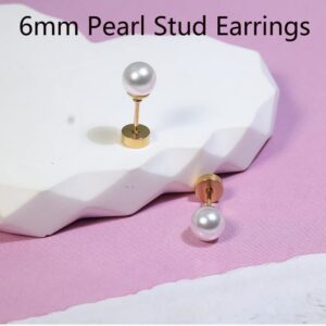 6mm Pearl Stud Earrings Flat Screw Back,14K Gold Pearl Cartilage Helix Earrings Hypoallergenic 316L Surgical Steel Piercing Jewelry Gift for Girls Women Toddlers(6mm Pearl, Gold)