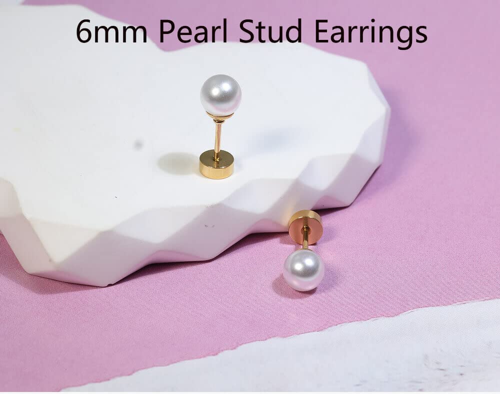 6mm Pearl Stud Earrings Flat Screw Back,14K Gold Pearl Cartilage Helix Earrings Hypoallergenic 316L Surgical Steel Piercing Jewelry Gift for Girls Women Toddlers(6mm Pearl, Gold)