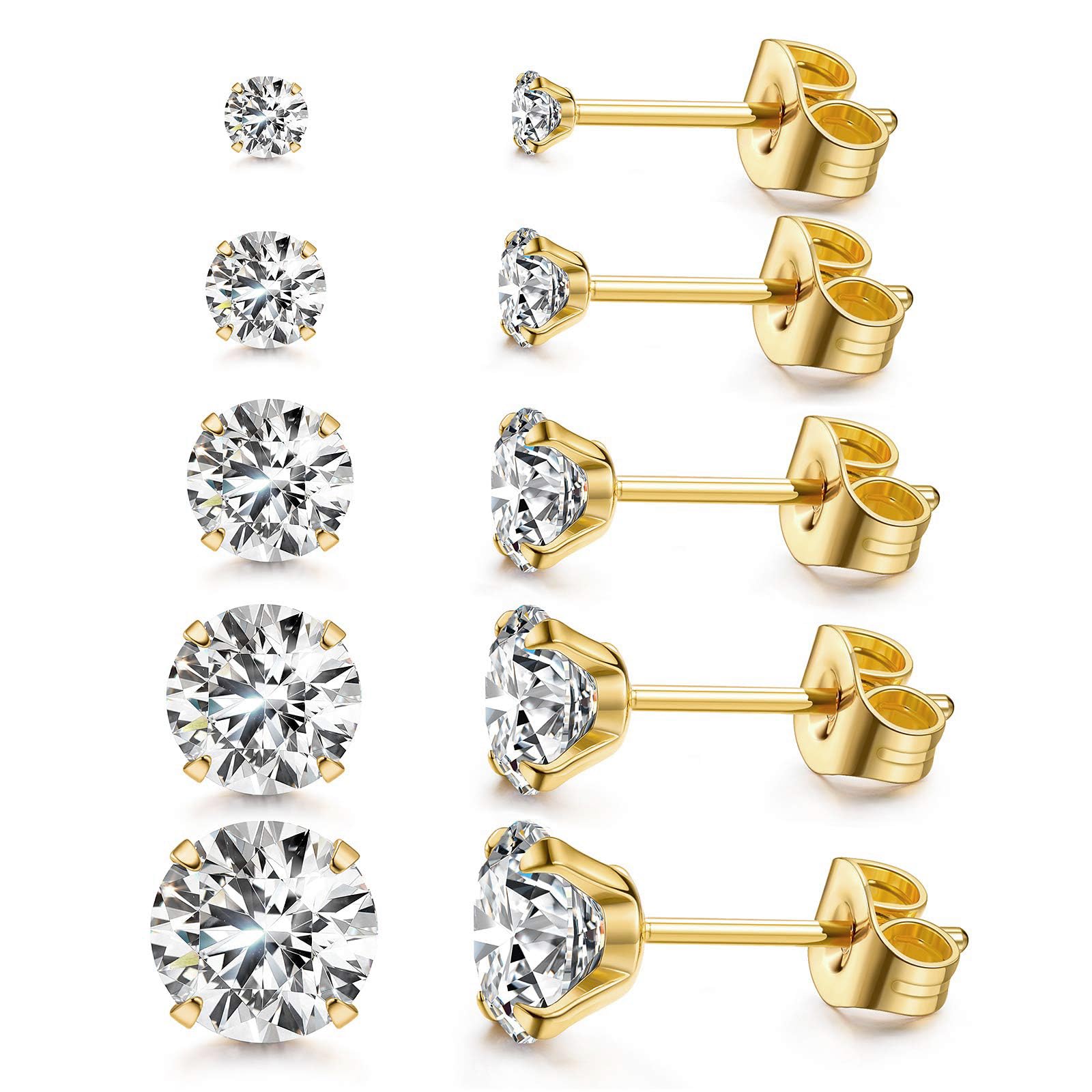 Kainier 5 Pairs 14K Gold Plated Stud Earrings Set Simulated Diamond Earrings Cubic Zirconia (CZ) Ear Stud for Women Hypoallergenic 3-7mm