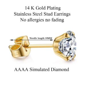 Kainier 5 Pairs 14K Gold Plated Stud Earrings Set Simulated Diamond Earrings Cubic Zirconia (CZ) Ear Stud for Women Hypoallergenic 3-7mm