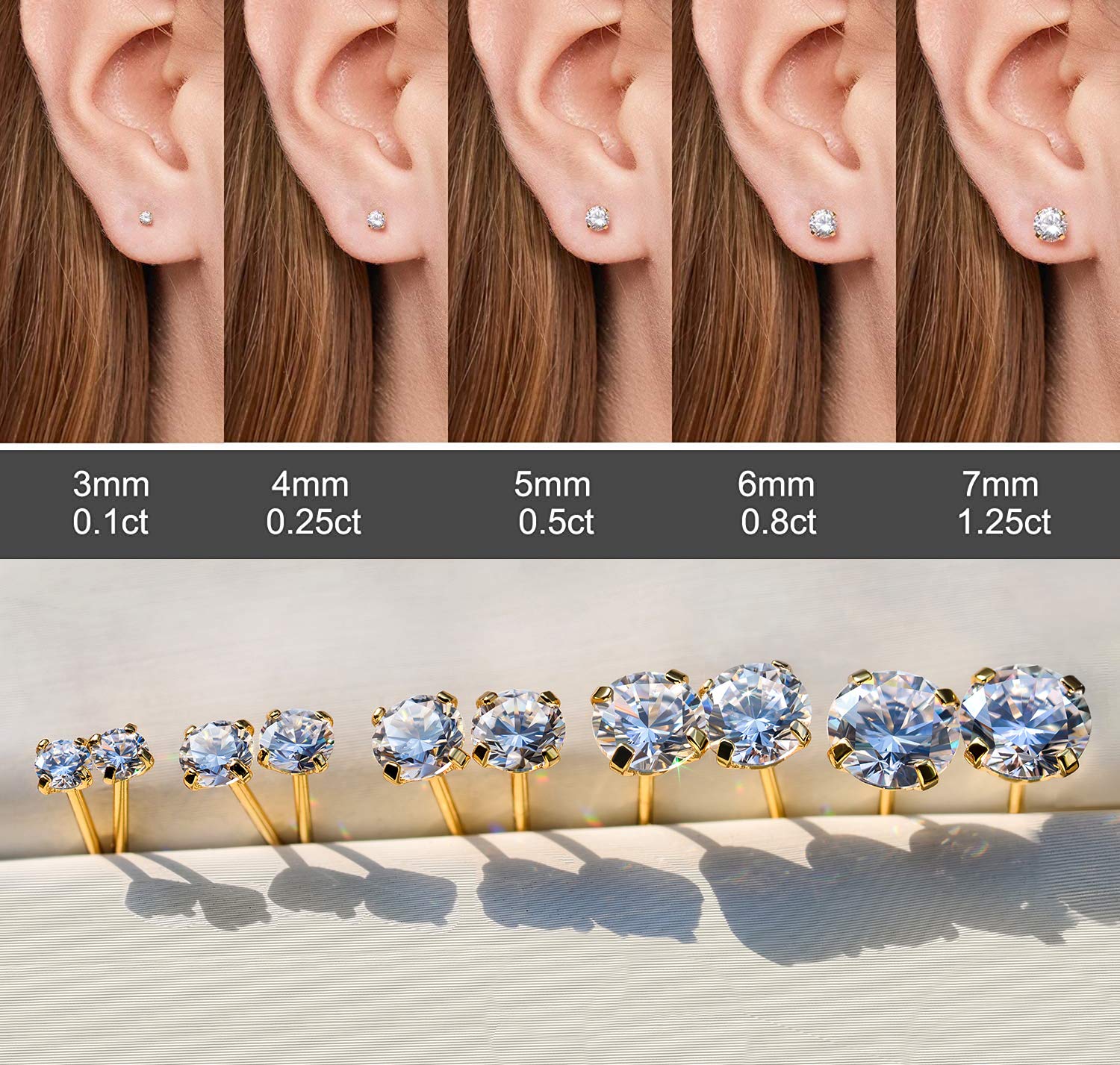 Kainier 5 Pairs 14K Gold Plated Stud Earrings Set Simulated Diamond Earrings Cubic Zirconia (CZ) Ear Stud for Women Hypoallergenic 3-7mm