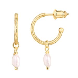 pavoi 14k yellow gold plated 925 sterling silver post huggie with dangle | small hoop earrings with posts for women | trendy hoop earrings |baroque pearl huggie earrings