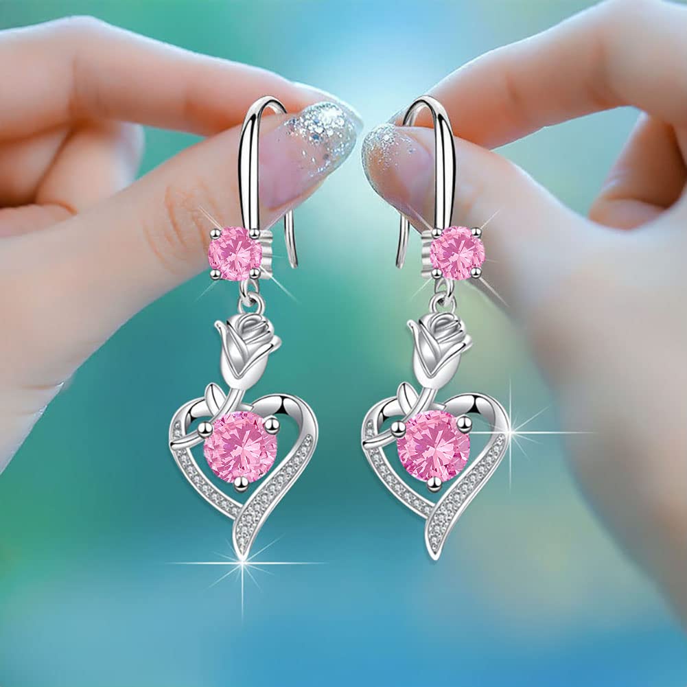 925 Sterling Silver Dangle Earrings for Women Nickel Free Hypoallergenic Earrings for Women Trendy Fashion Heart Dangle Drop Sparkly Crystal Earrings for Women