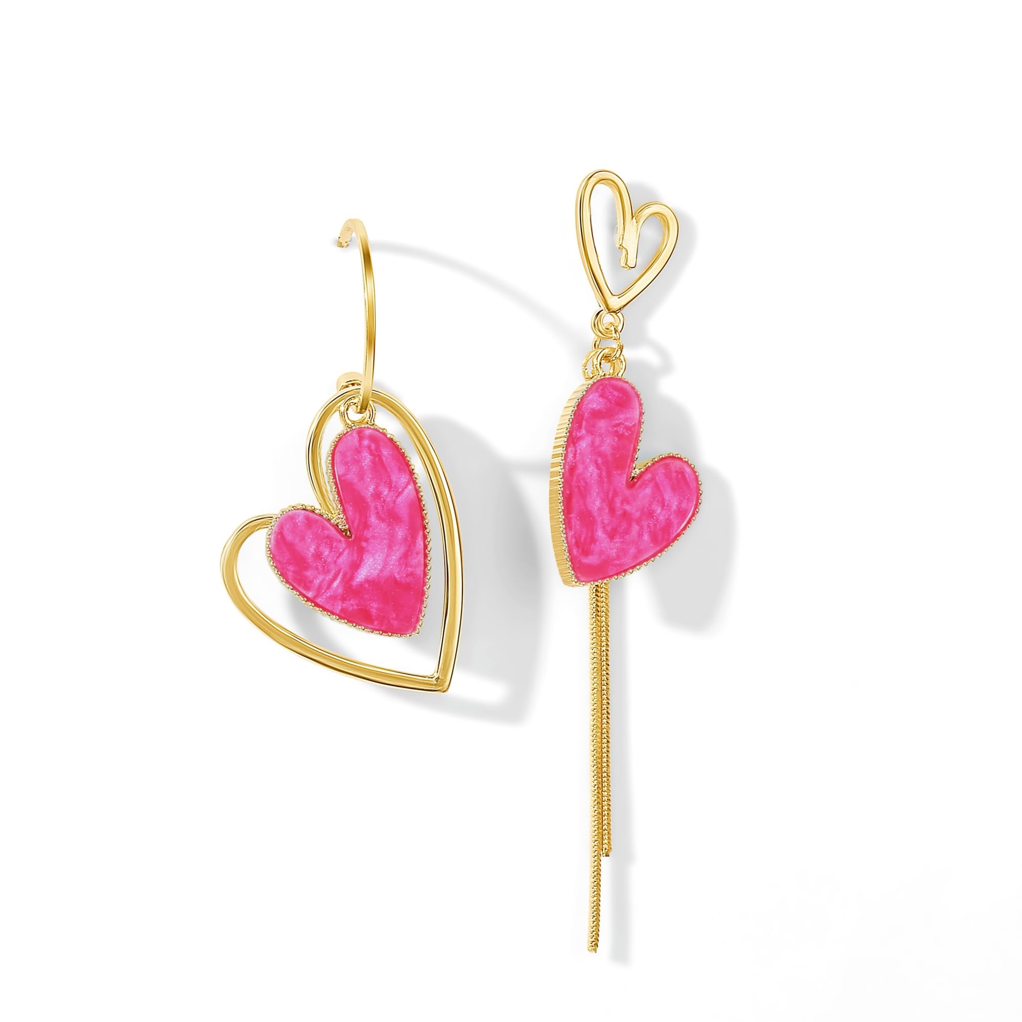 PopTopping Gold Asymetrical Heart Earrings Pink Heart Dangle Earrings Love Heart Drop Earrings For Women Birthday Valentine's Day Mother's Day Gift (Hot Pink)