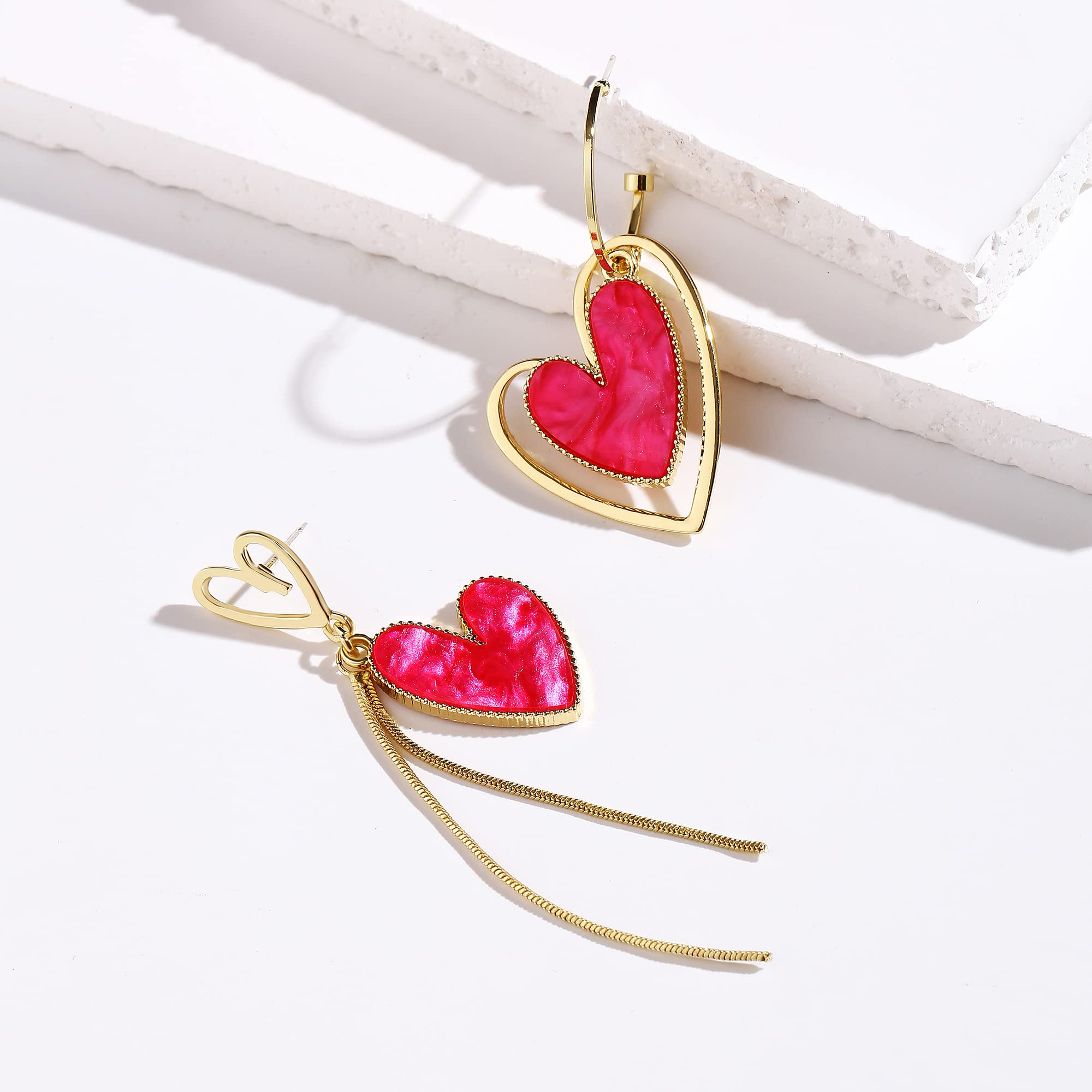 PopTopping Gold Asymetrical Heart Earrings Pink Heart Dangle Earrings Love Heart Drop Earrings For Women Birthday Valentine's Day Mother's Day Gift (Hot Pink)