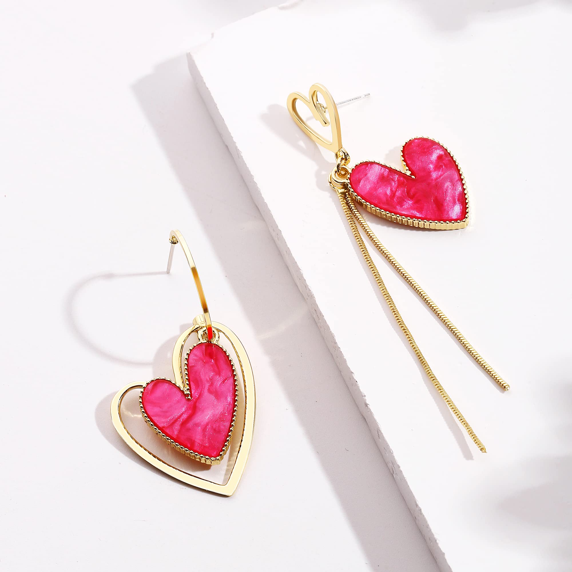 PopTopping Gold Asymetrical Heart Earrings Pink Heart Dangle Earrings Love Heart Drop Earrings For Women Birthday Valentine's Day Mother's Day Gift (Hot Pink)