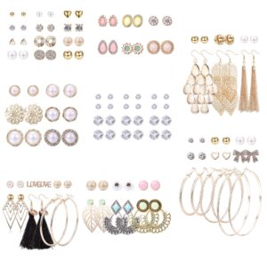 loyallook 63 pairs assorted multiple stud earrings for women simple cute flower big hoop earrings moon geometric leaf arrow bow cz ball heart faux pearl earrings set (63 pairs a set)