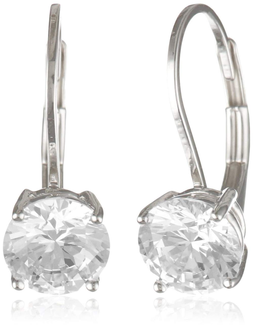 Amazon Essentials Platinum Plated Sterling Silver Round Cut Cubic Zirconia Leverback Earrings (6.5mm), (previously Amazon Collection)