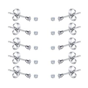 fosir 10 pairs tiny women's stainless steel round clear cubic zirconia stud earrings (2mm cz, surgical steel)