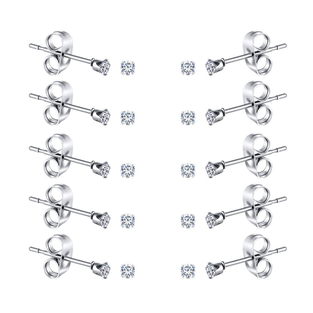 FOSIR 10 Pairs Tiny Women's Stainless Steel Round Clear Cubic Zirconia Stud Earrings (2mm CZ, Surgical Steel)