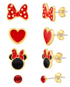 disney minnie mouse girls earrings 4-pack official license, red crystal and enamel-plated stud earrings for girls