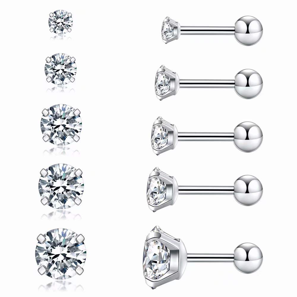 Cubic Zirconia Hypoallergenic Women's Earrings Men's Earrings Women's Earrings Cartilage Fashion Surgical Steel Screw Earrings 5 Pairs