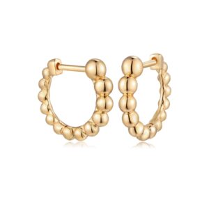 myears women gold huggie hoop beaded earrings ear stud cuff 14k gold plated small simple minimalist hypoallergenic everyday jewelry