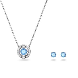 swarovski sparkling dance round pendant necklace and stud pierced earrings set with blue crystals on a rhodium plated setting