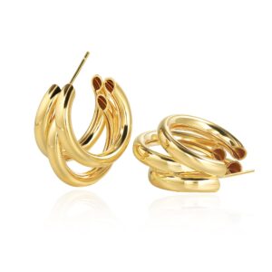 tewiky gold earrings for women, 14k gold plated chunky gold hoop earrings thick triple hoop earrings small gold hoops aesthetic hypoallergenic hoop earrings gold jewelry for women