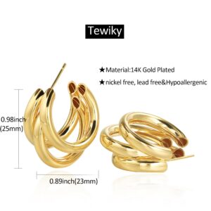 Tewiky Gold Earrings for Women, 14k Gold Plated Chunky Gold Hoop Earrings Thick Triple Hoop Earrings Small Gold Hoops Aesthetic Hypoallergenic Hoop Earrings Gold Jewelry for Women