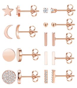 fibo steel 9 pairs stainless steel star moon stud earrings for women cute bar cz stud earring set (b: rose gold)