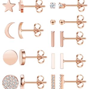 FIBO STEEL 9 Pairs Stainless Steel Star Moon Stud Earrings for Women Cute Bar CZ Stud Earring Set (B: Rose Gold)