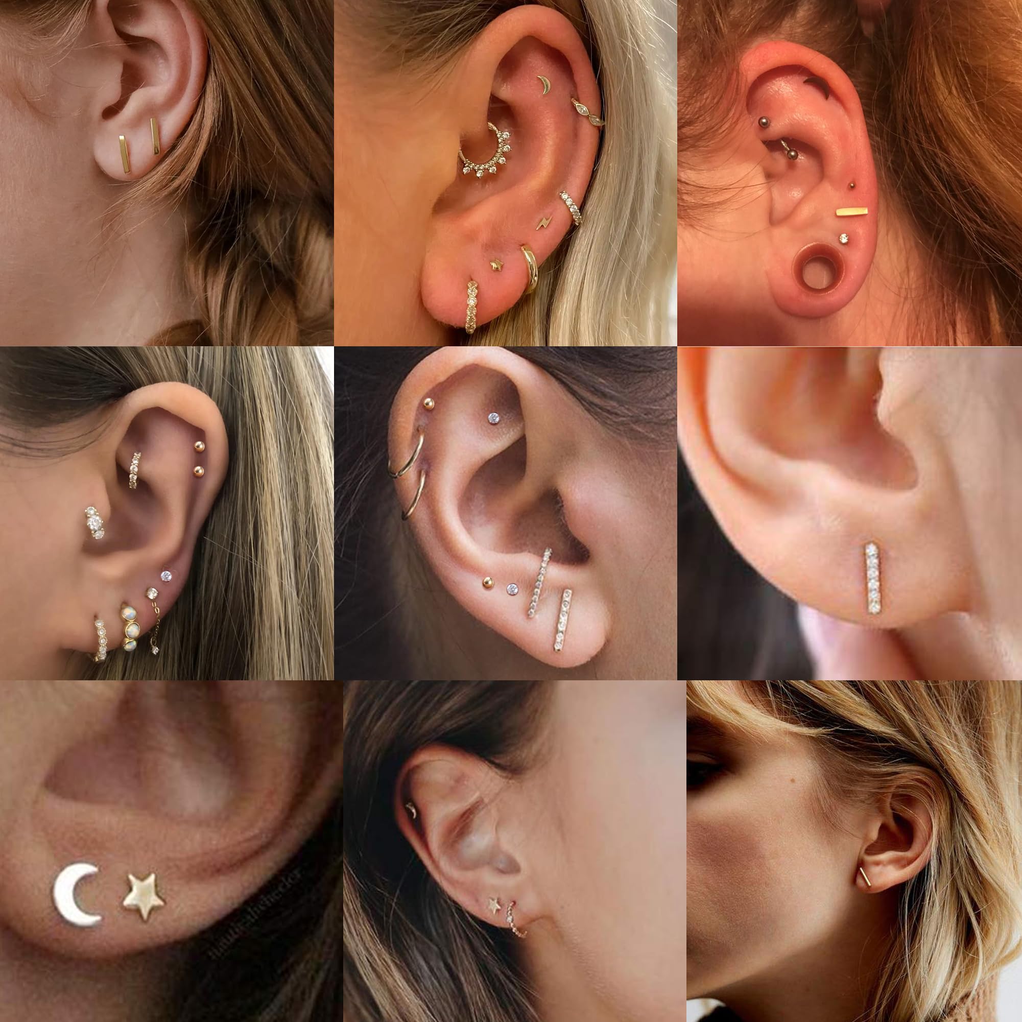 FIBO STEEL 9 Pairs Stainless Steel Star Moon Stud Earrings for Women Cute Bar CZ Stud Earring Set (B: Rose Gold)