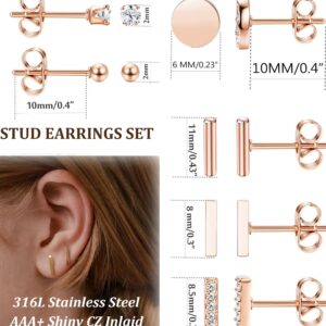 FIBO STEEL 9 Pairs Stainless Steel Star Moon Stud Earrings for Women Cute Bar CZ Stud Earring Set (B: Rose Gold)