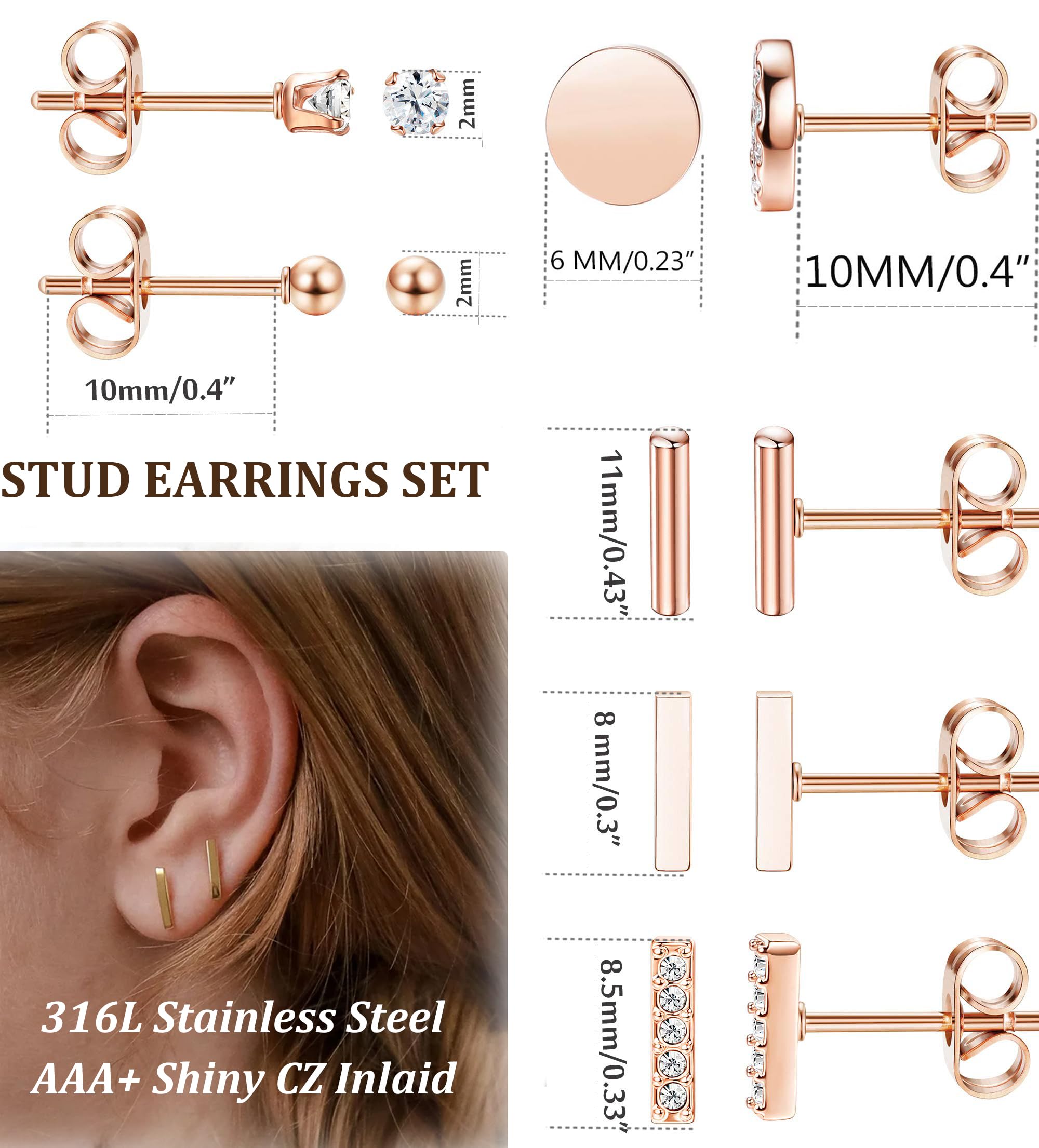 FIBO STEEL 9 Pairs Stainless Steel Star Moon Stud Earrings for Women Cute Bar CZ Stud Earring Set (B: Rose Gold)