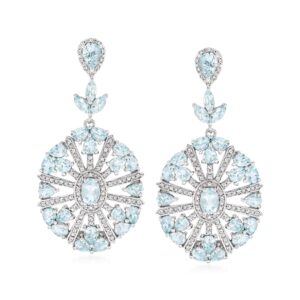 ross-simons 6.50 ct. t.w. aquamarine and .56 ct. t.w. diamond drop earrings in sterling silver