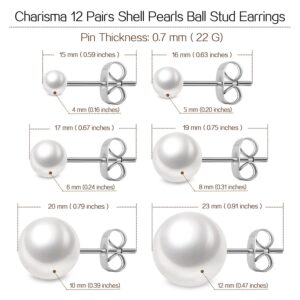 Charisma 4-12mm Composite Round Ball Pearls Stud Hypoallergenic 12 Pairs Mixed Sizes Imitation Pearl Stainless Steel Earrings Set for Girls Women