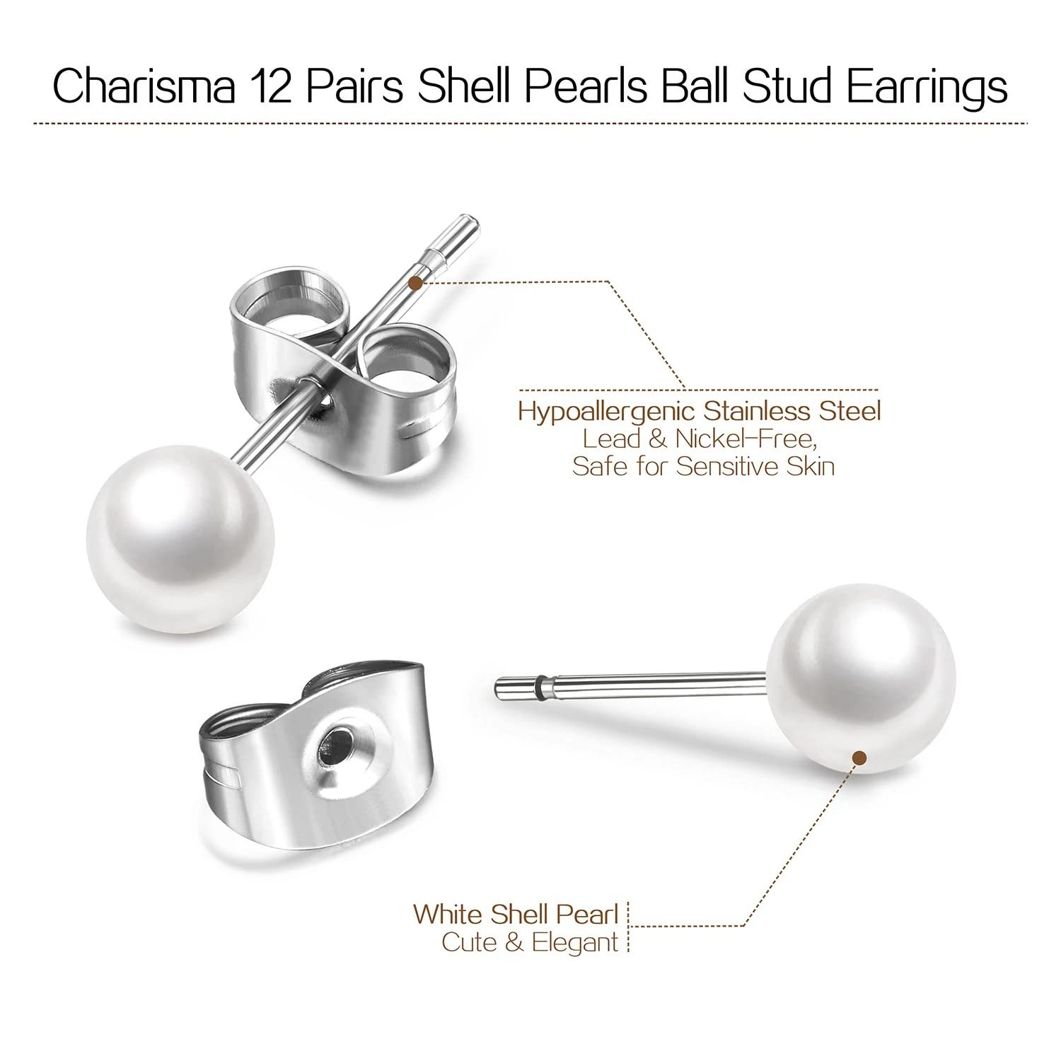 Charisma 4-12mm Composite Round Ball Pearls Stud Hypoallergenic 12 Pairs Mixed Sizes Imitation Pearl Stainless Steel Earrings Set for Girls Women