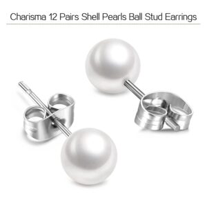 Charisma 4-12mm Composite Round Ball Pearls Stud Hypoallergenic 12 Pairs Mixed Sizes Imitation Pearl Stainless Steel Earrings Set for Girls Women