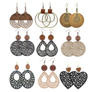 9 pairs boho vintage wooden round geometric leather earrings retro hollow out circle earrings big lightweight statement jewelry suitable for women