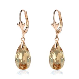 austrian crystal teardrop leverback dangle earrings for women fashion 14k gold plated hypoallergenic jewelry (topaz)