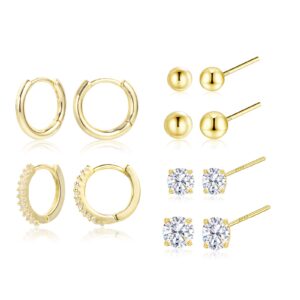 earring sets for multiple piercing | 14k gold plated studs earrings and hoops set hypoallergenic small hoop cz ball studs earrings for women trendy（6 pairs）