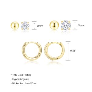 Earring Sets for Multiple Piercing | 14K Gold Plated Studs Earrings and Hoops Set Hypoallergenic Small Hoop CZ Ball Studs Earrings for Women Trendy（6 Pairs）