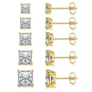 mdfun 18k yellow gold plated princess cut square clear cubic zirconia stud earring pack of 5 pairs