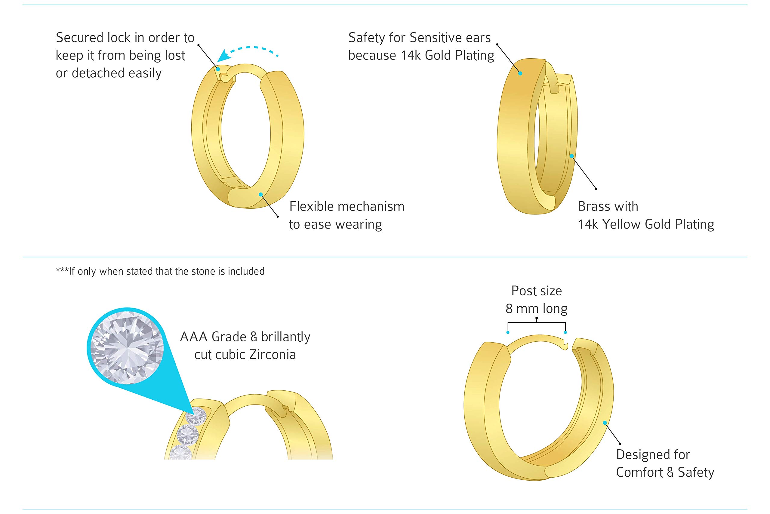 14k Gold Plated Brass White Heart Plain Huggy Baby Girls Hoop Earrings