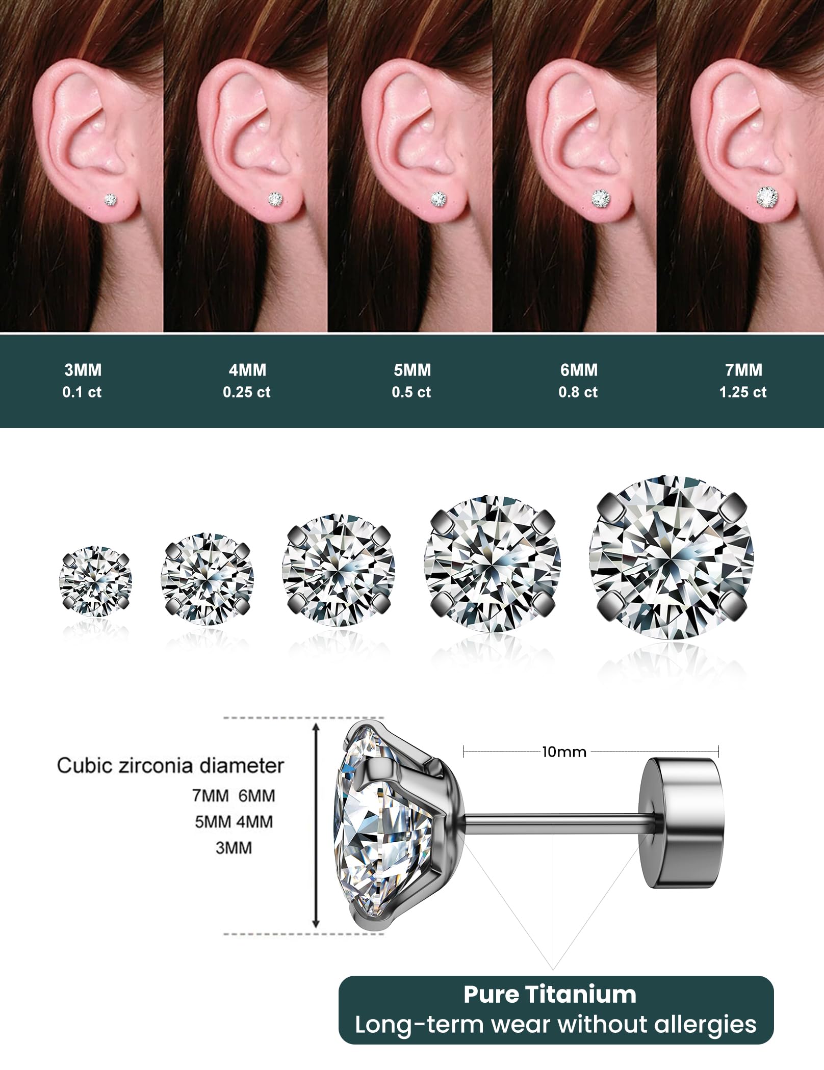 5 Pairs Set Ladies Titanium Earrings, Anti-Allergy Earrings, Noble and Classic, Acid and Alkali Resistant, Antioxidant, No Fading 3-7mm