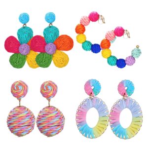 besteel rattan clip on earrings for women dangling | handmade raffia straw earrings set clip earrings| big dangle colorful statement hoop earrings, woven vacation earrings summer beach drop earrings