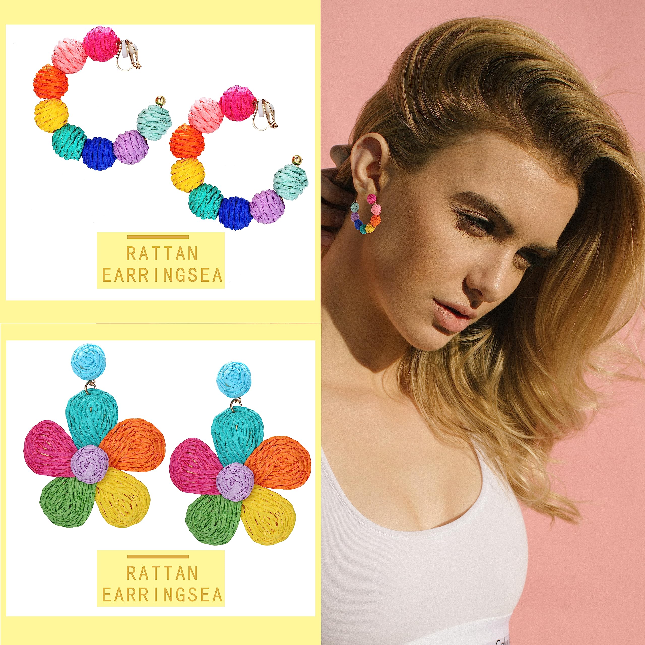 BESTEEL Rattan Clip On Earrings for Women Dangling | Handmade Raffia Straw Earrings Set Clip Earrings| Big Dangle Colorful Statement Hoop Earrings, Woven Vacation Earrings Summer Beach Drop Earrings