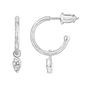 pavoi 14k white gold plated 925 sterling silver post huggie with dangle | small hoop earrings with posts for women | trendy tear drop shaped cubic zirconia dangle hoop earrings |cz huggie earrings