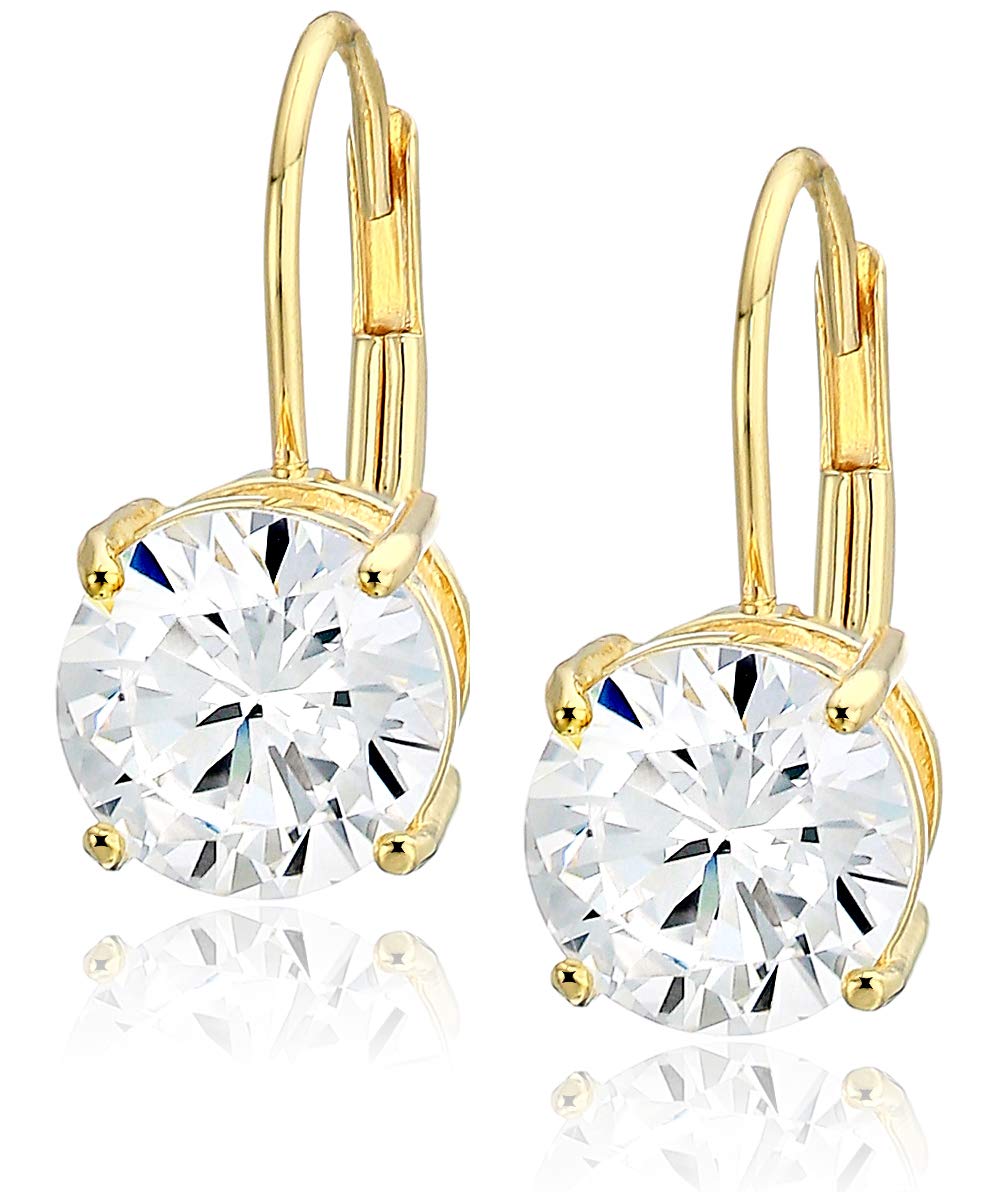 Amazon Essentials Yellow Gold Plated Sterling Silver Round Cut Cubic Zirconia Leverback Earrings (7.5mm), (previously Amazon Collection)