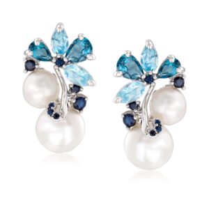 ross-simons 6-8.5mm cultured pearl and 2.00 ct. t.w. sky blue topaz and london blue topaz earrings with .10 ct. t.w. sapphires in sterling silver