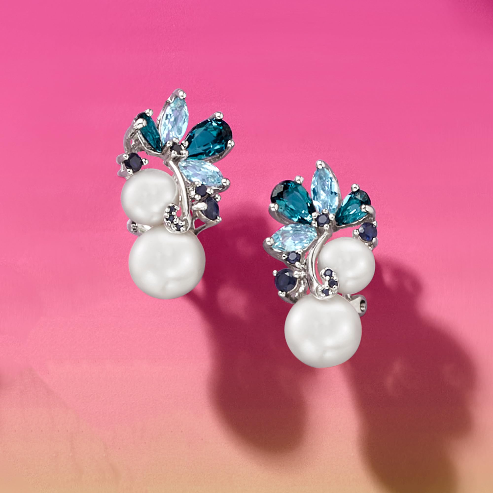 Ross-Simons 6-8.5mm Cultured Pearl and 2.00 ct. t.w. Sky Blue Topaz and London Blue Topaz Earrings With .10 ct. t.w. Sapphires in Sterling Silver