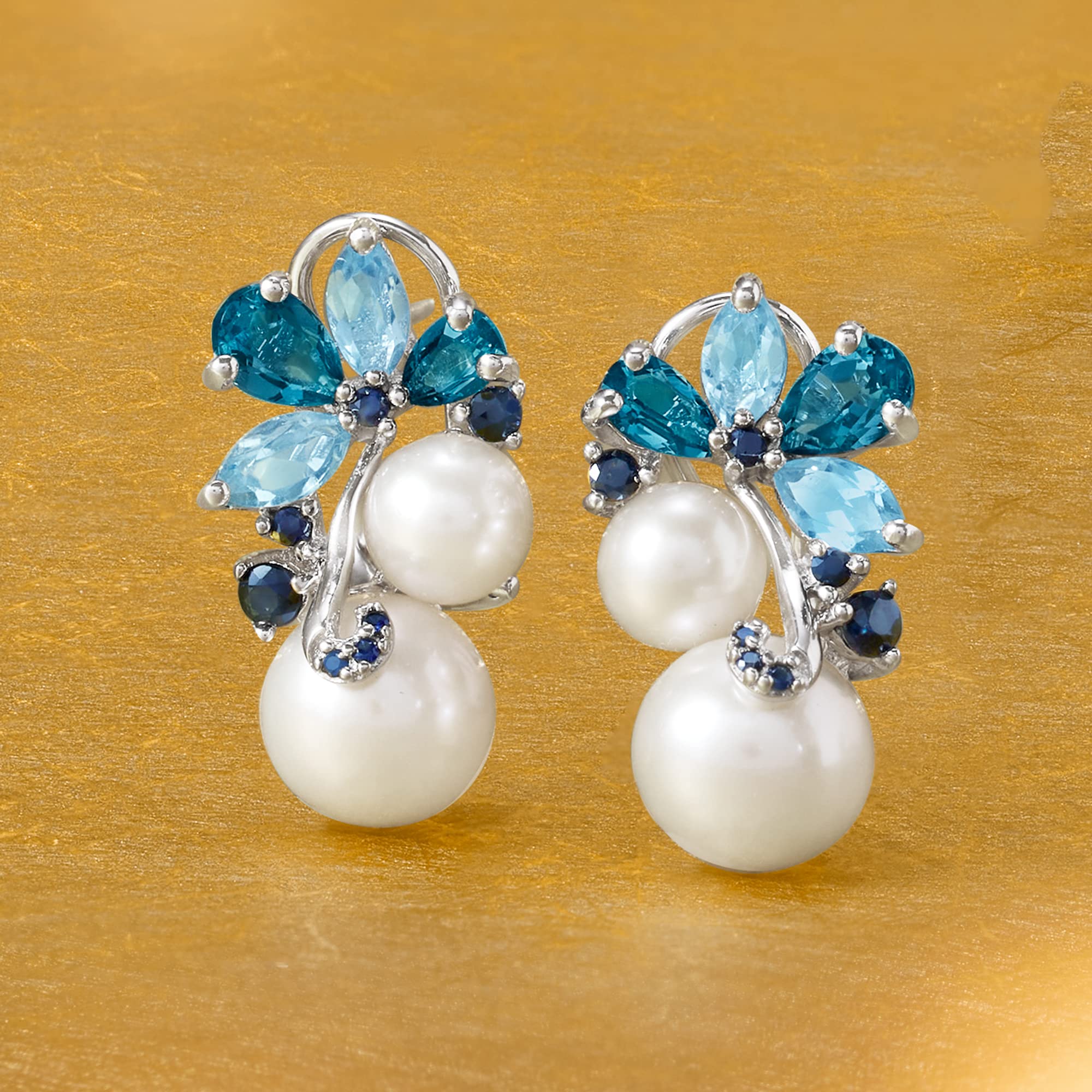 Ross-Simons 6-8.5mm Cultured Pearl and 2.00 ct. t.w. Sky Blue Topaz and London Blue Topaz Earrings With .10 ct. t.w. Sapphires in Sterling Silver