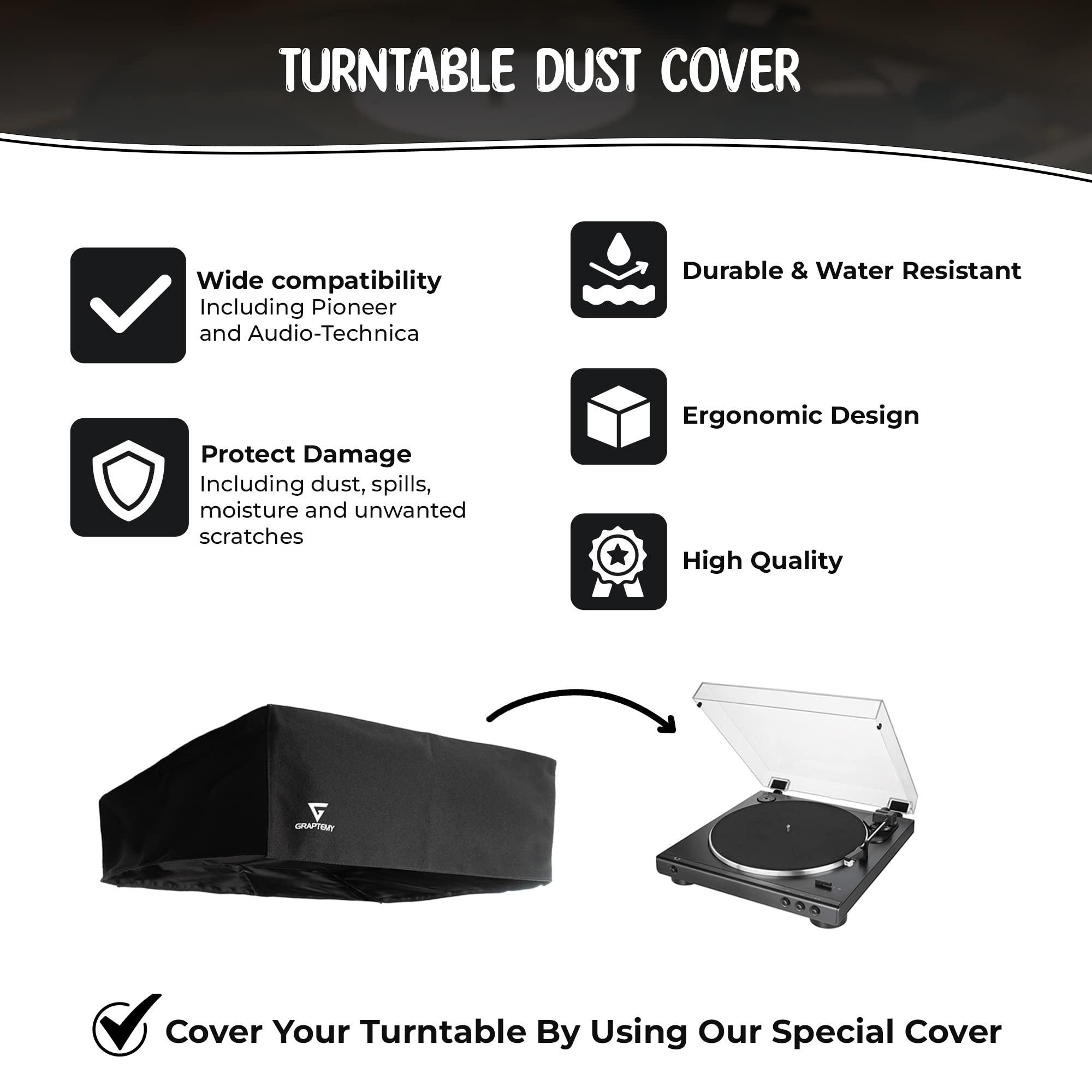 Turntable Dust Cover - 600D PVC Waterproof Protection Turntable Cover, Side Pocket and 2-Finger Pull Tab Record Player Cover - Compatible with Most Standard Record Player Dust Cover - Pack of 2