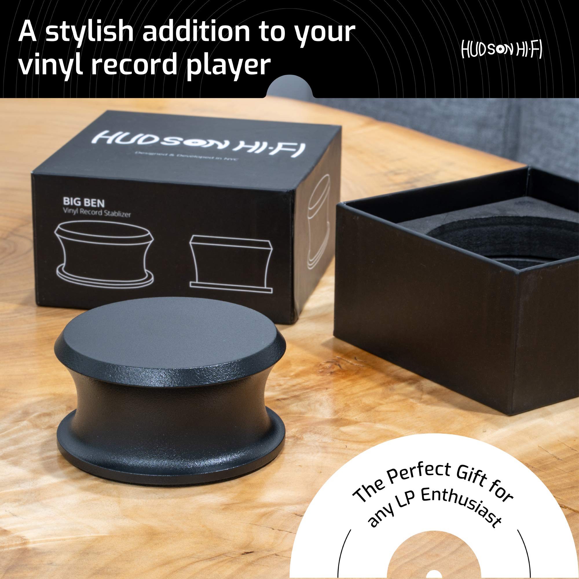 Hudson Hi-Fi BigBen Record Weight Stabilizer with Protective Leather Pad - 13-Ounce Vinyl Weight - Solid Steel Turntable Weight Stabilizer, Vinyl Record Accessories for Improved Sound - Black