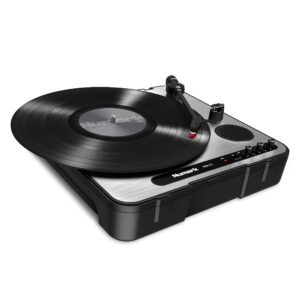 numark pt01usb - portable vinyl record player, usb turntable with built in speaker, power via battery or ac adapter, three speed rpm selection for hi-fi, outdoors listening, dj, recording